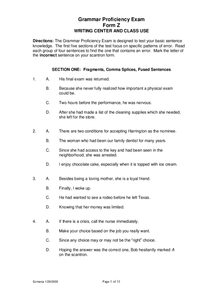 Fillable Online Grammar Proficiency Test - Lonestar - Fill and Sign ...
