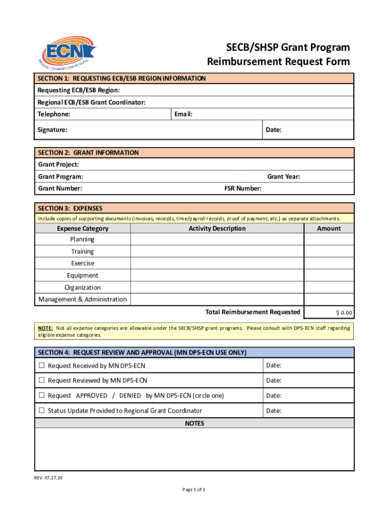 Fillable Online dps mn SECB/SHSP Grant Program Reimbursement Request ...