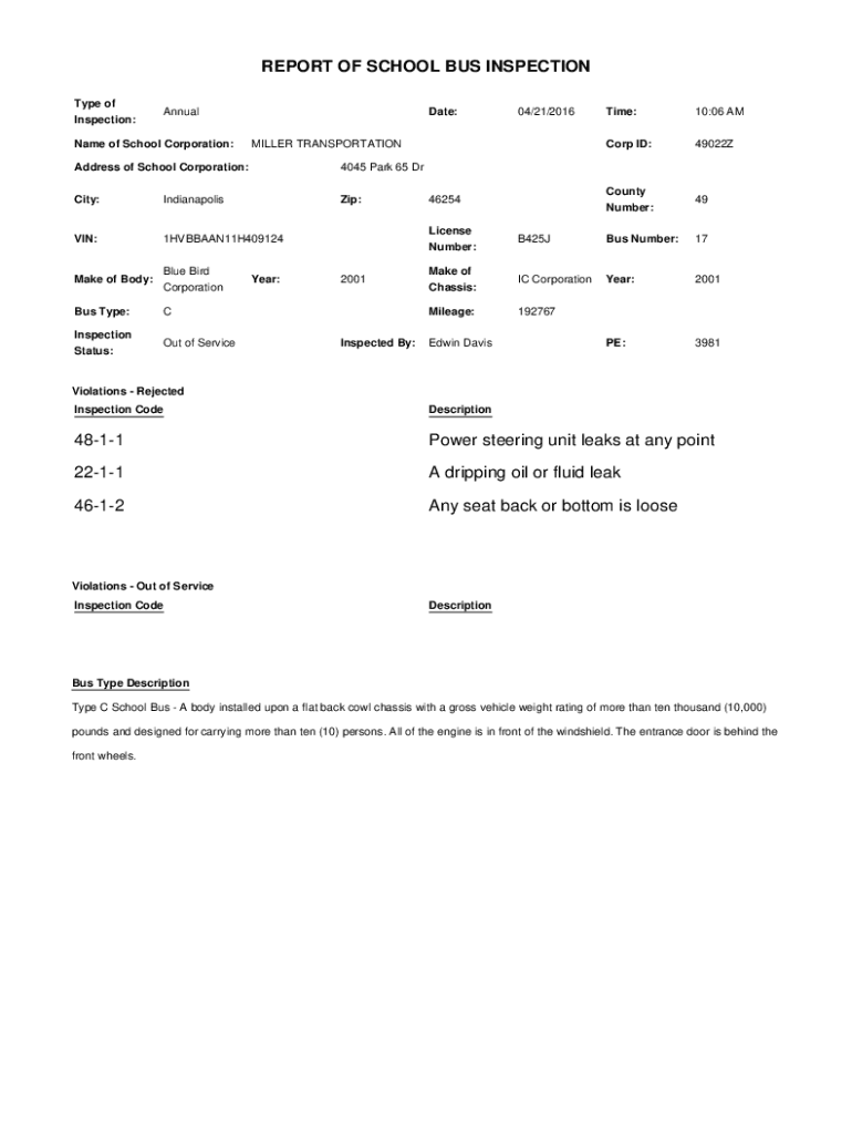 Fillable Online secure in REPORT OF SCHOOL BUS INSPECTION 48-1-1 Power ...