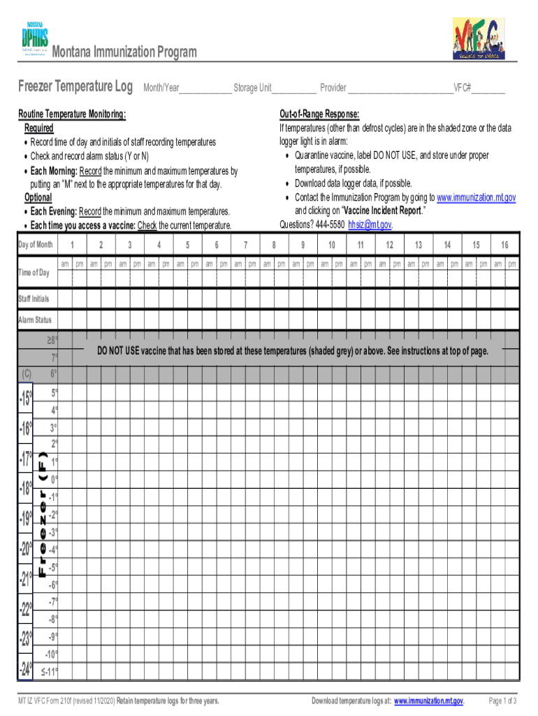 Fillable Online dphhs mt Montana Immunization Program VFC Freezer ...