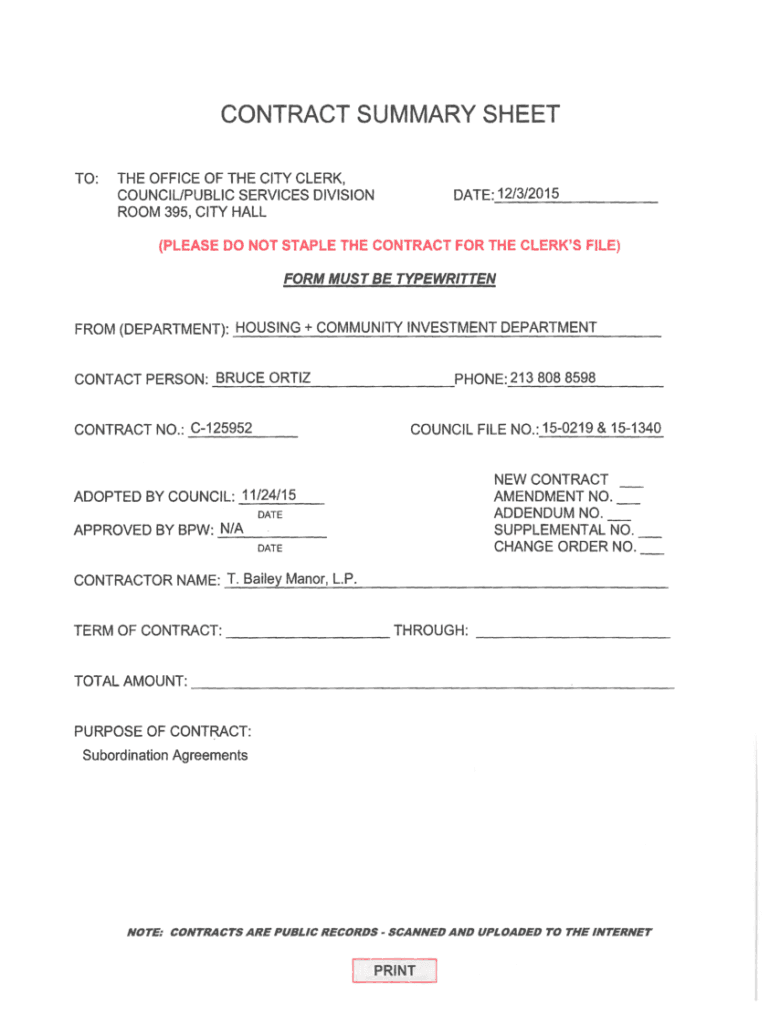 Fillable Online CONTRACT SUMMARY SHEET - Los .contract summary sheet to ...