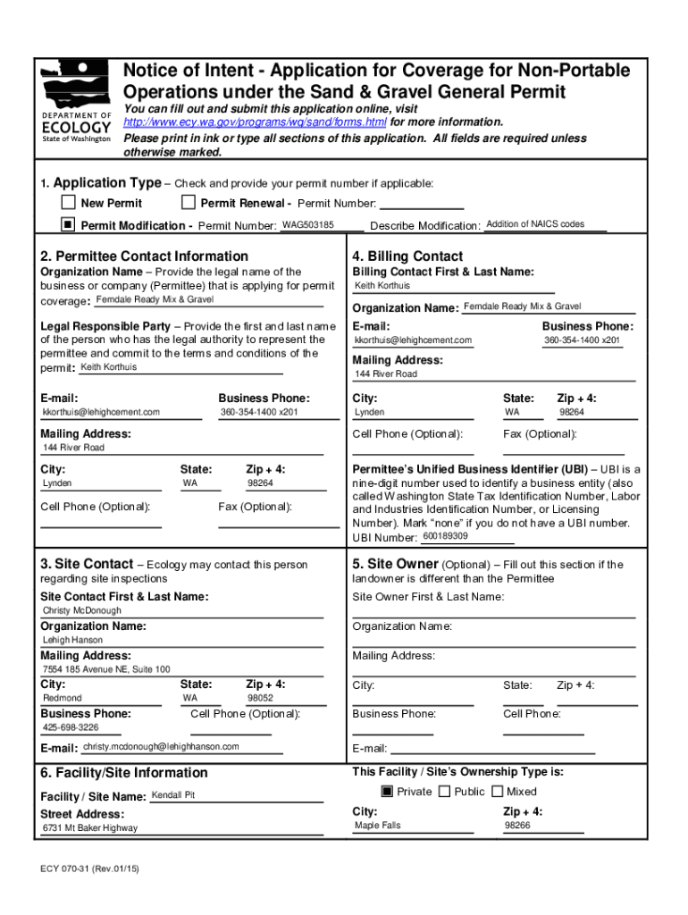 Fillable Online Notice of Intent - Application for Coverage for Non ...