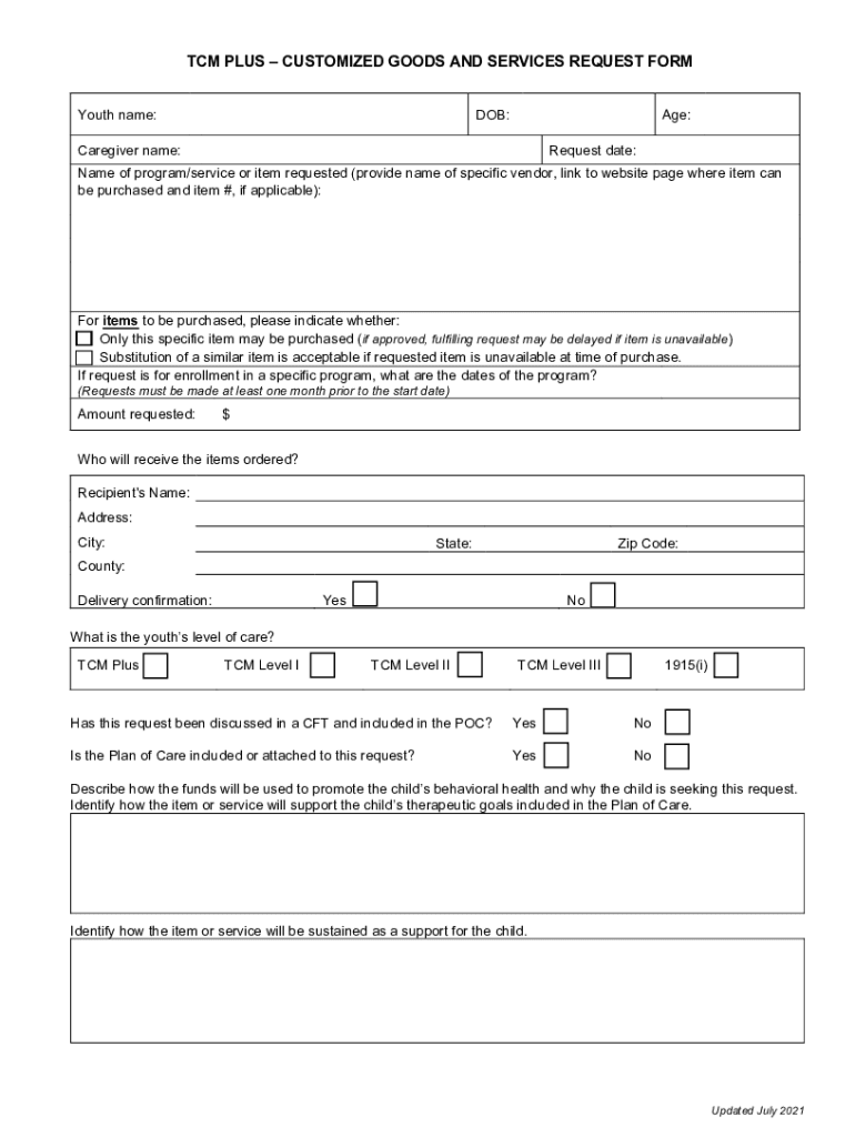 Fillable Online TCM PLUSCUSTOMIZED GOODS AND SERVICES REQUEST FORM Fax ...