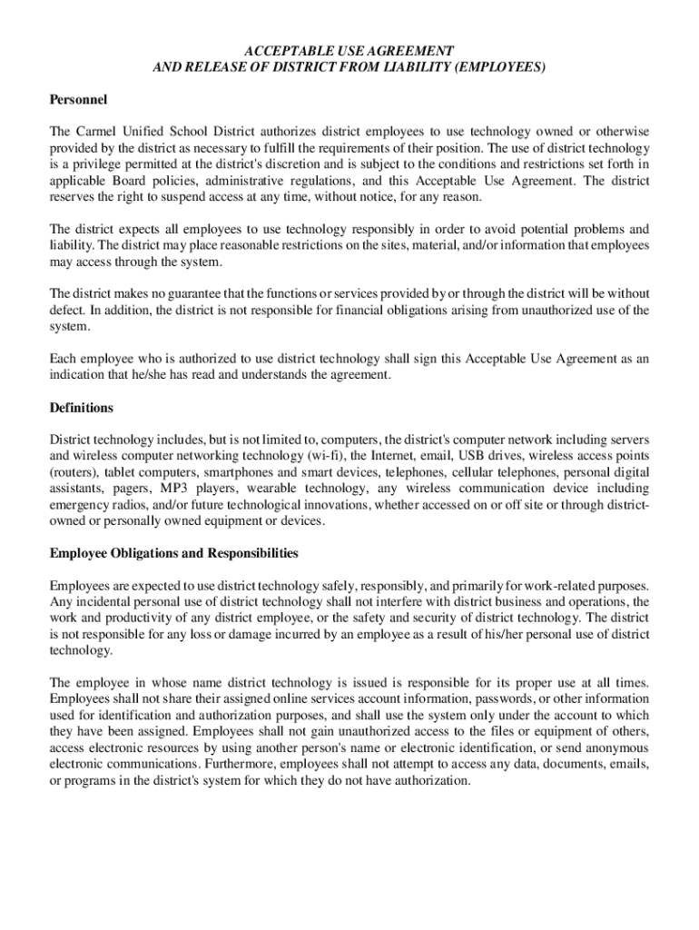 Fillable Online Fillable Online ACCEPTABLE USE AGREEMENT AND RELEASE OF ...