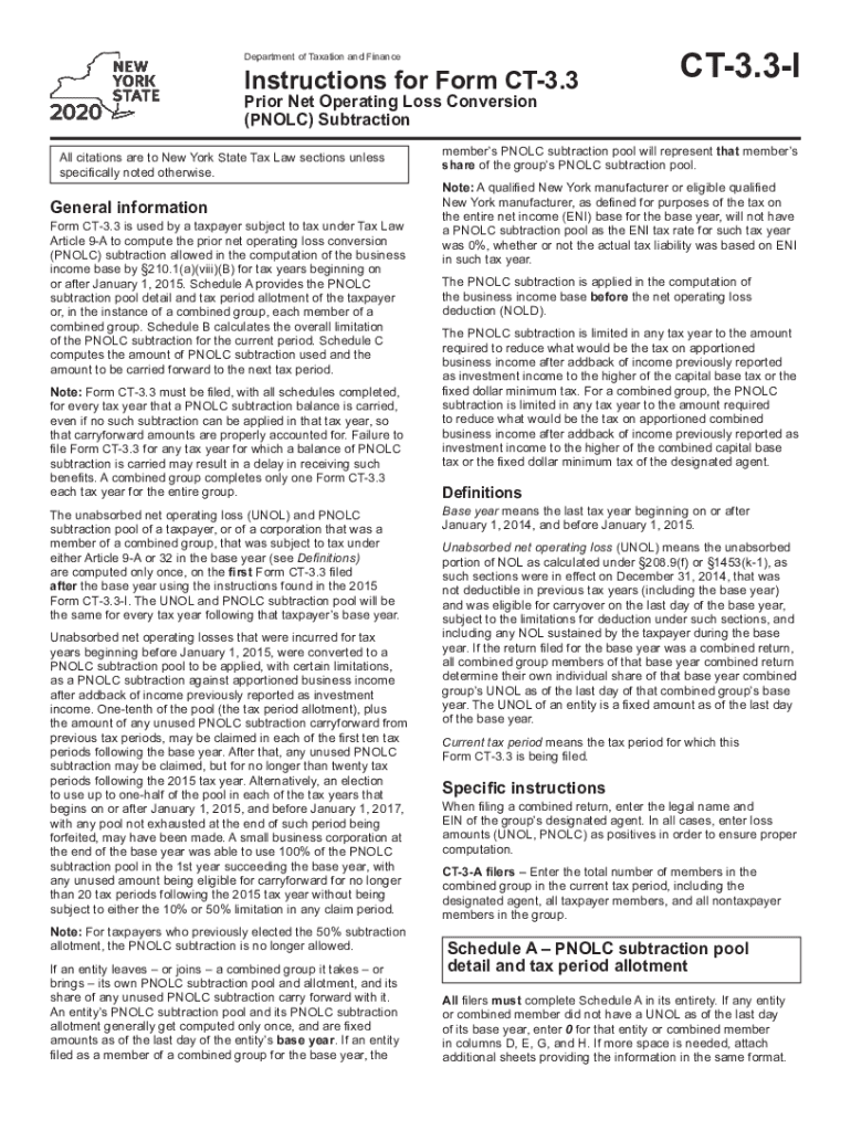 Fillable Online Instructions for Form CT-3.3 "Prior Net Operating Loss ...
