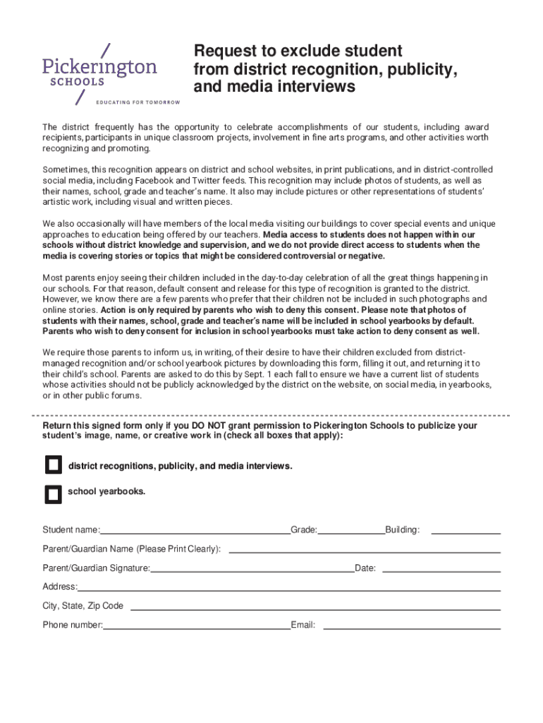 Fillable Online Request to exclude student from district recognition ...