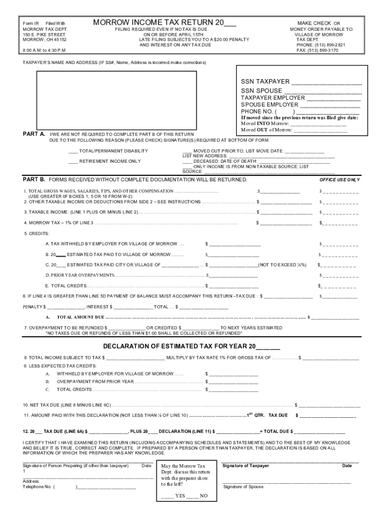 Fillable Online Form IR Filed With MORROW INCOME TAX RETURN 20 OR ...