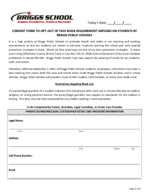 Fillable Online CONSENT FORM TO OPT OUT OF FACE MASK REQUIREMENT ...
