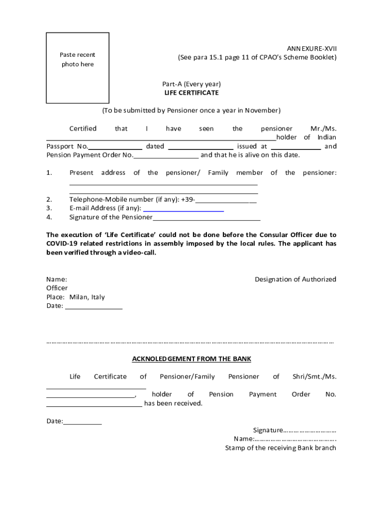 Fillable Online LIFE CERTIFICATE - cgimilan.gov.in Fax Email Print - pdfFiller