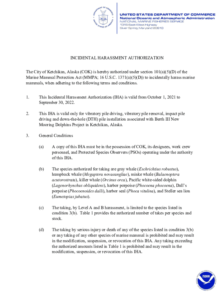 Fillable Online INCIDENTAL HARASSMENT AUTHORIZATION The City of ... Fax Email Print - pdfFiller