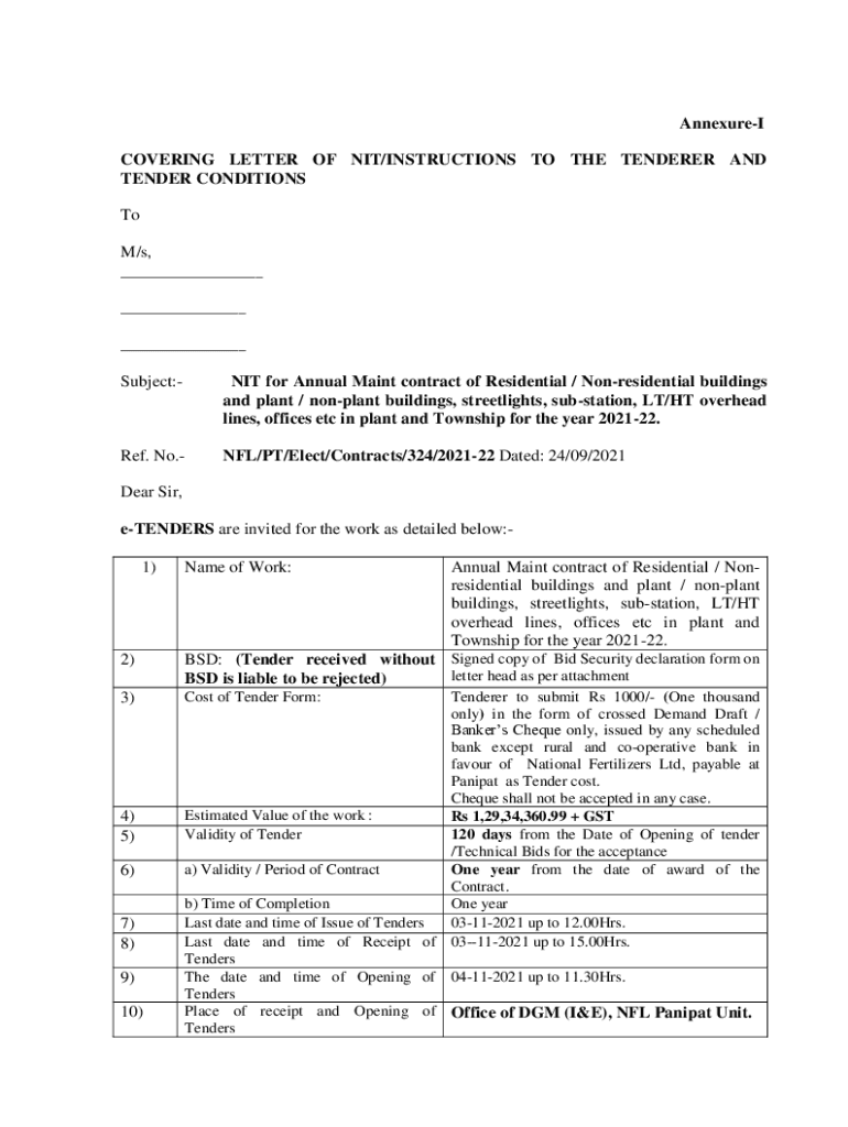 Fillable Online Annexure-I COVERING LETTER OF NIT/INSTRUCTIONS TO THE ...