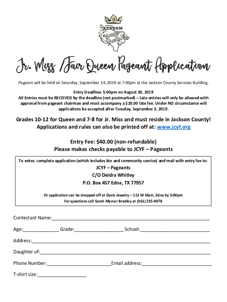 Fillable Online Jr Miss Fair Queen Pageant Application - jcyf.org Fax ...