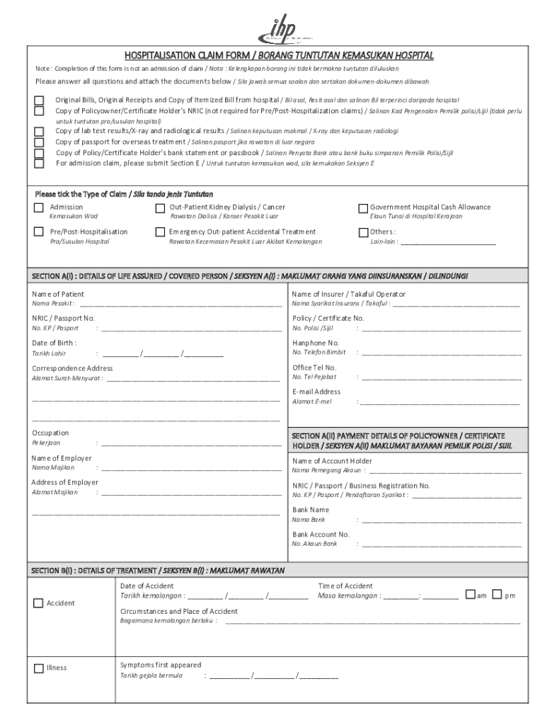 Fillable Online HOSPITALISATION & SURGICAL CLAIM FORM BORANG TUNTUTAN ...
