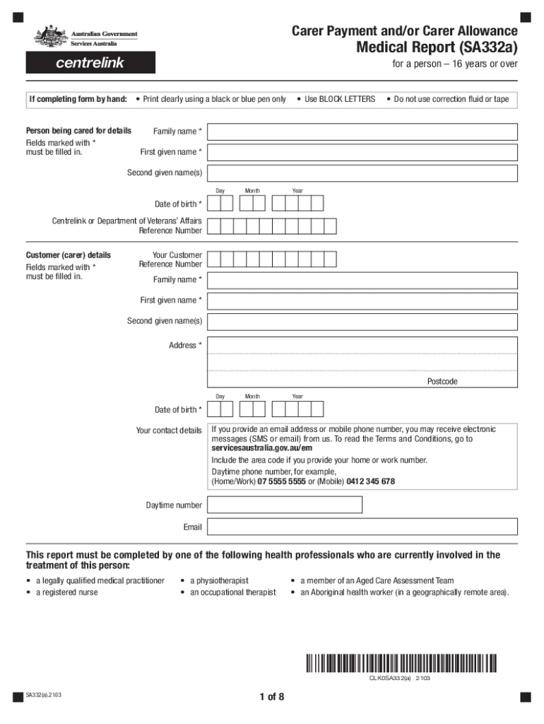 Medical Report SA332a for Carer Payment and/or Carer Allowance - Blank ...
