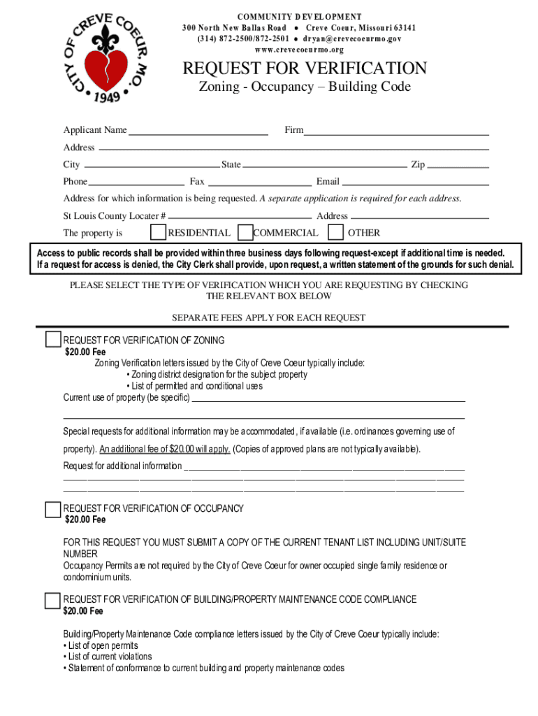 Fillable Online REQUEST FOR VERIFICATION - Zoning - Occupancy Fax Email ...