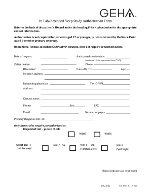 Fillable Online www.geha.comAuthorization-FormssleepstudyIn-Lab ...