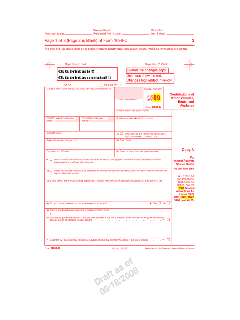 Fillable Online Form 1098 C Contributions of Motor Vehicles, Boats, and ...