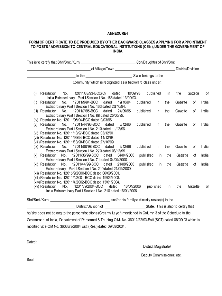 Fillable Online OBC-NCL Certificate in prescribed formats as given ...
