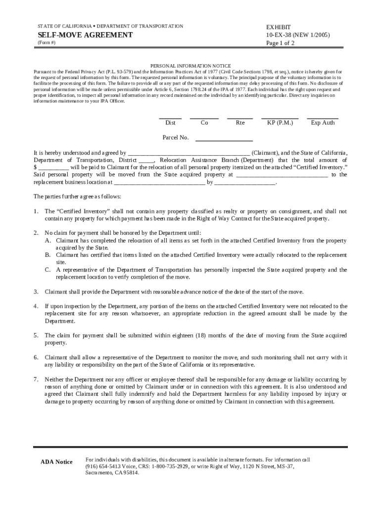 SELF MOVE AGREEMENT - dot ca Doc Template | pdfFiller
