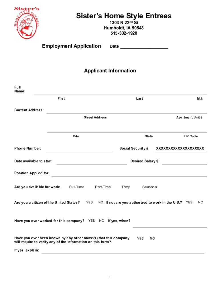 Fillable Online Sisters Homestyle Entrees Employment Application New2 ...