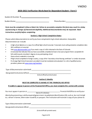 Fillable Online 2020-2021 Verification Worksheet for Dependent Student ...