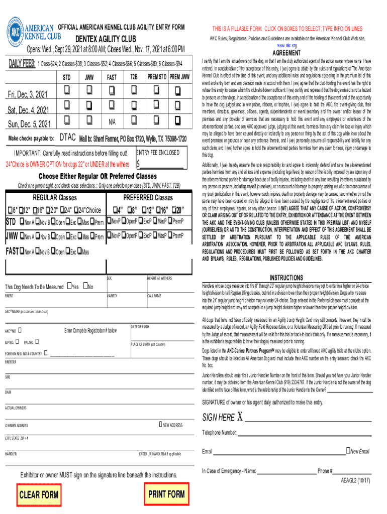 Fillable Online Fillable Online OFFICIAL AMERICAN KENNEL CLUB AGILITY ...