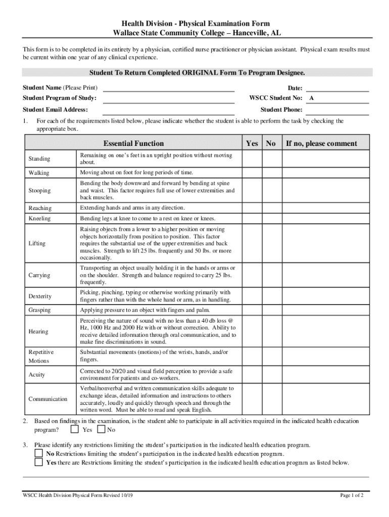 Fillable Online www.wallacestate.eduContentUploadsHealth Division - Physical Examination Form ...