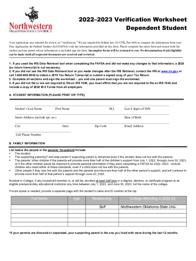 Fillable Online 2022-2023 Verification Worksheet Federal Student Aid ... Fax Email Print - pdfFiller