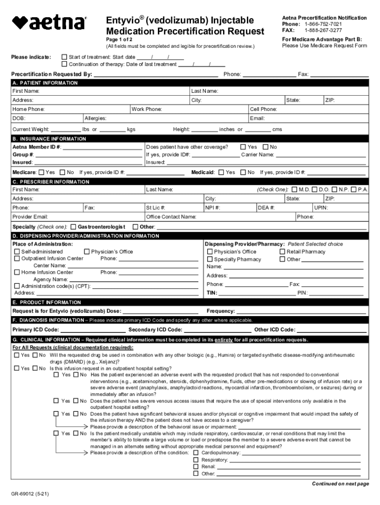 Fillable Online Entyvio (vedolizumab) Injectable Medication ...