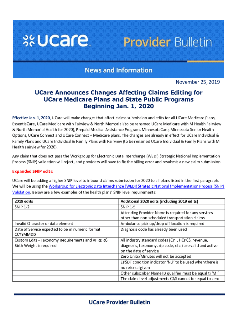 Fillable Online UCare Announces Changes Affecting Claims Editing for ...