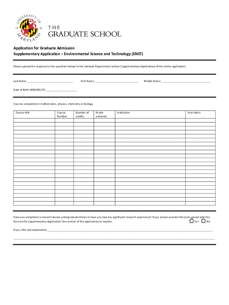 Fillable Online gradschool umd UMD Supplementary Application for ENST. Graduate Admissions ...