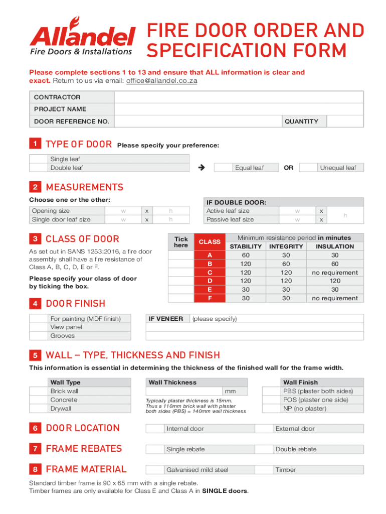 Fillable Online Allandel Fire Door Order and Specification FormONLINE ...