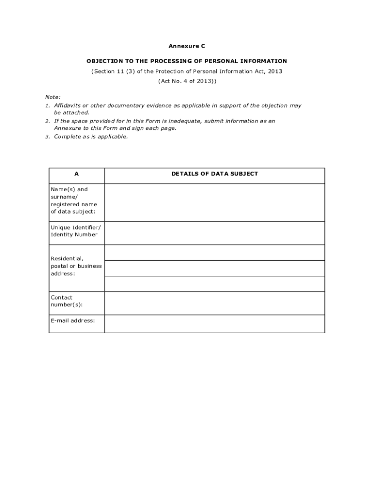 Fillable Online paia.form.objection.to.the.processing.of.information ...