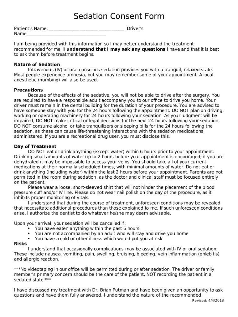 Sedation Consent - Pine River Dental Care Doc Template | pdfFiller