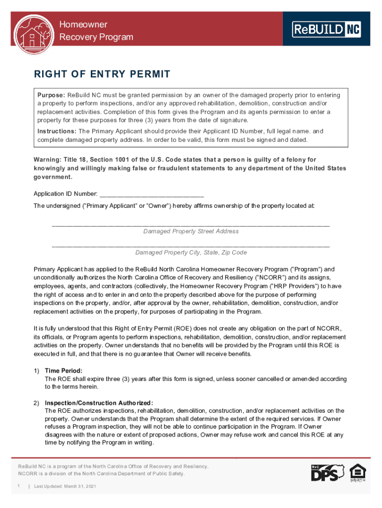 Fillable Online RIGHT OF ENTRY PERMIT. Homeowner Recovery Program Fax ...