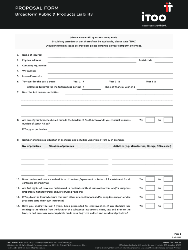 Fillable Online Proposal Form Broadform Public Products Liability - iTOO Fax Email Print - pdfFiller
