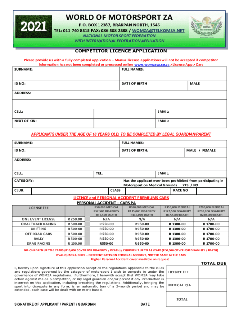 Fillable Online KZN Motocross - WORLD OF MOTORSPORT ZA P.O. Box 12387 ...