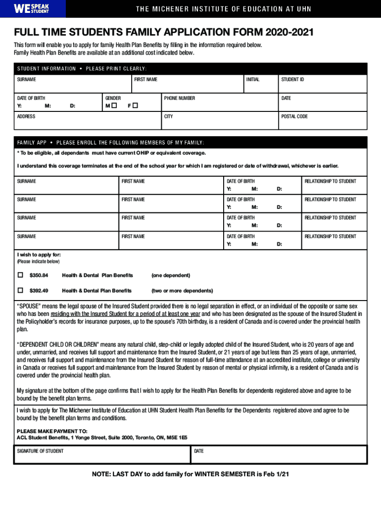 Fillable Online FULL TIME STUDENTS FAMILY APPLICATION FORM 2020-2021 ...