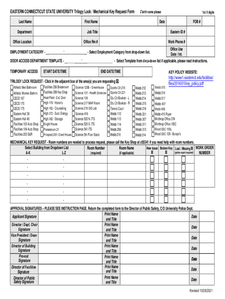 Fillable Online www.easternct.educard-servicesbuilding-accessTrilogy Lock-Mechanical Key Request ...