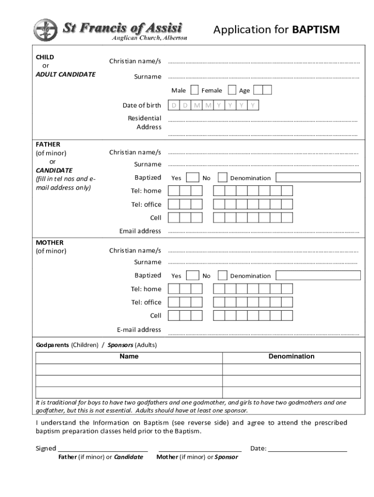 Fillable Online sfc org Baptism-Application-Form.doc - The Parishes of ...