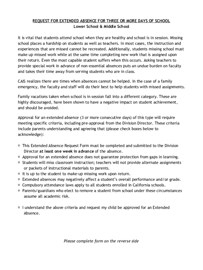 Fillable Online REQUEST FOR EXTENDED ABSENCE FOR THREE OR MORE ...