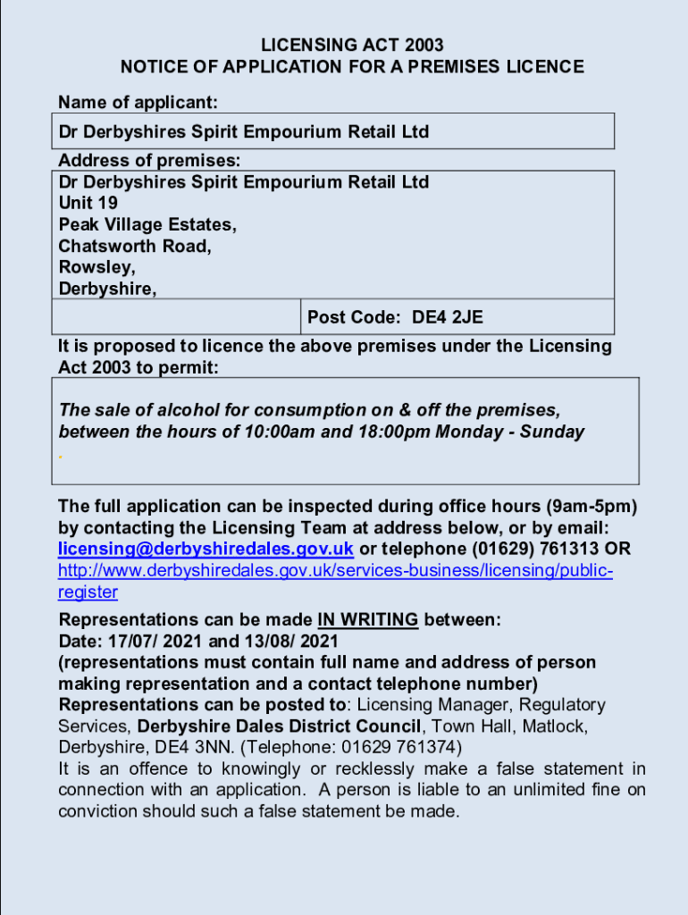 Fillable Online www.derbyshiredales.gov.ukimagesdocumentsLICENSING ACT 2003 NOTICE OF ...