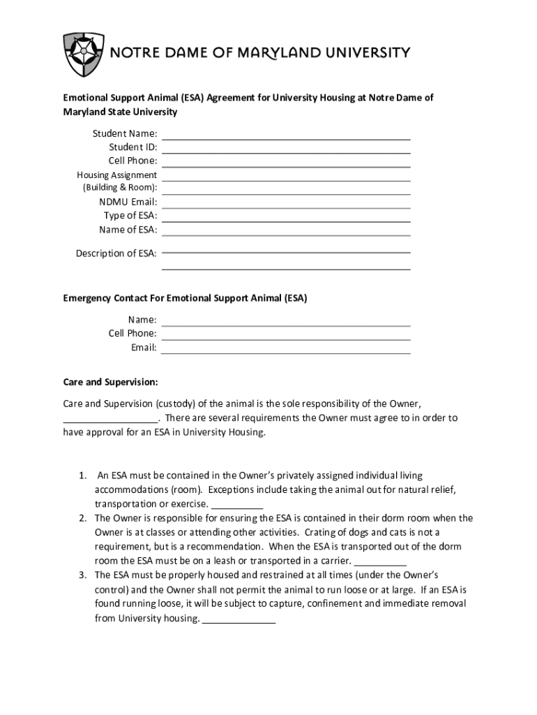 Fillable Online Emotional Support Animal (ESA) Agreement for University ...
