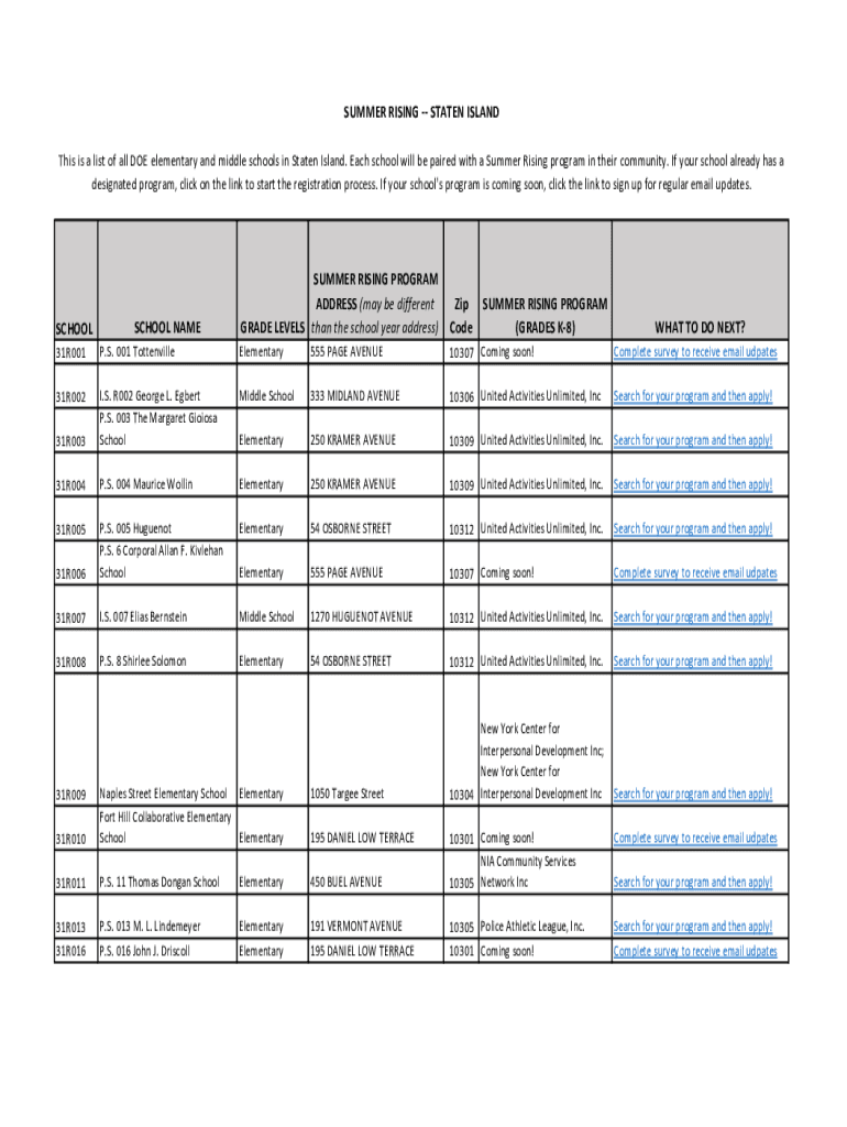 Fillable Online SUMMER RISING PROGRAM SUMMER RISING (may be different ...