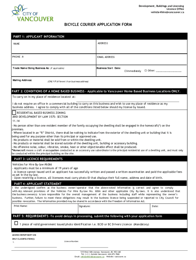 Fillable Online Bicycle courier application form. Bicycle courier ...