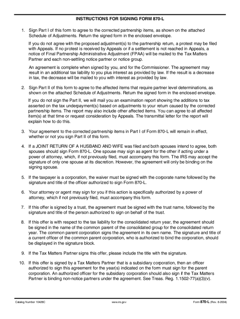 Fillable Online Form 870-L (Rev. 8-2004). Agreement to Assessment and ...
