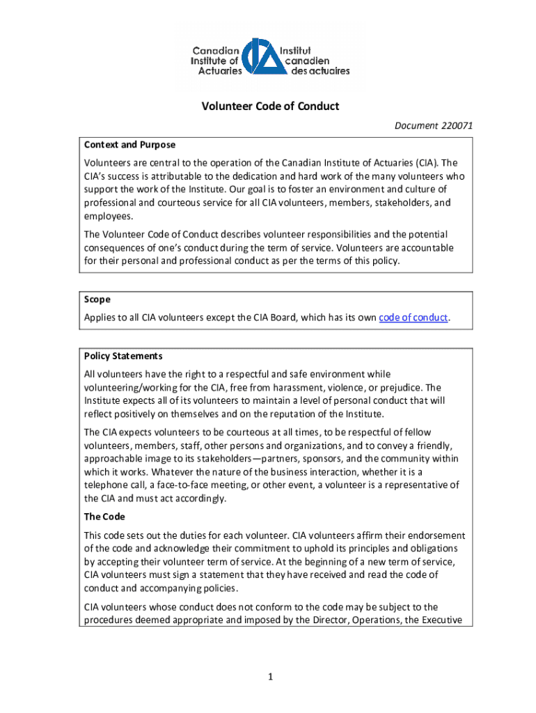 Fillable Online Fillable Online Volunteer Code of Conduct - Canadian ...