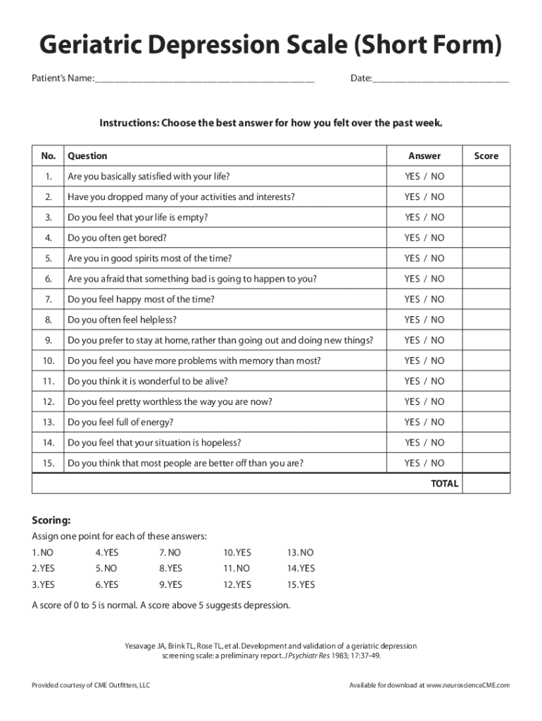 Fillable Online Geriatric Depression Scale (Short Form) Self-Rated ...