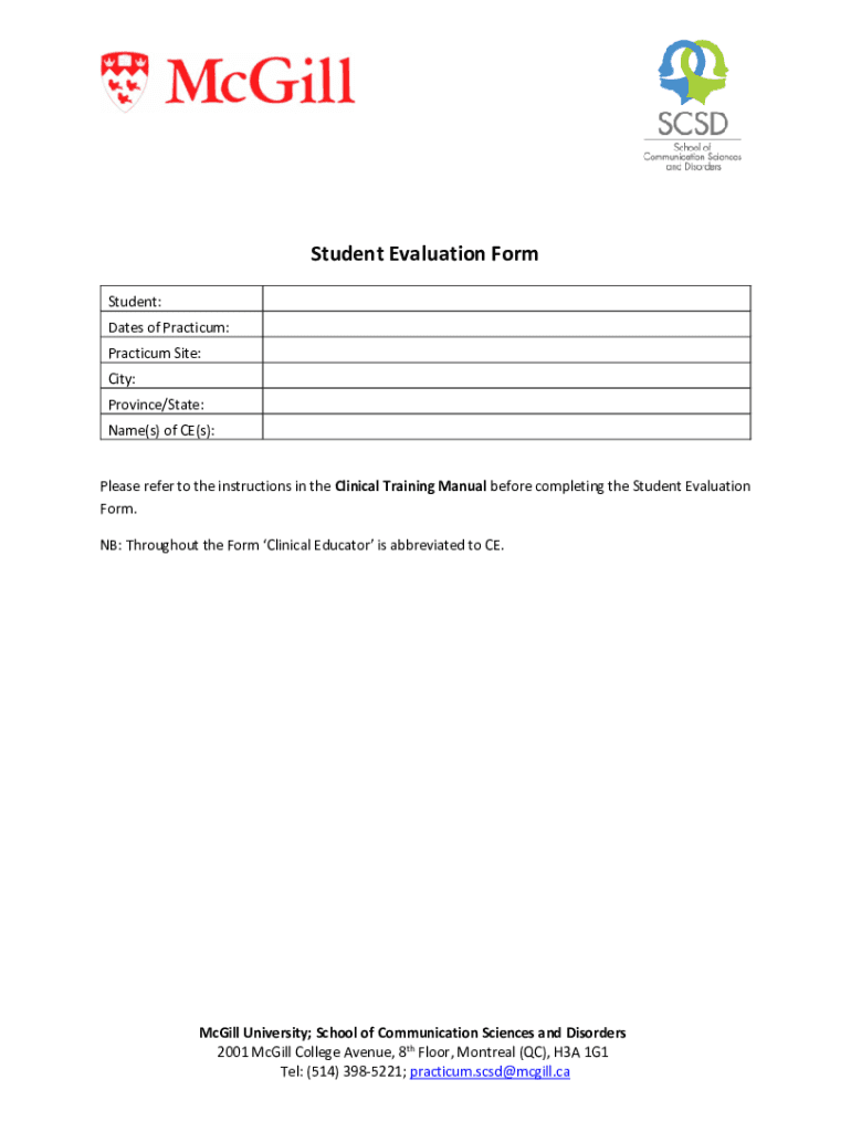 Fillable Online Student Evaluation Form - mcgill.ca Fax Email Print - pdfFiller