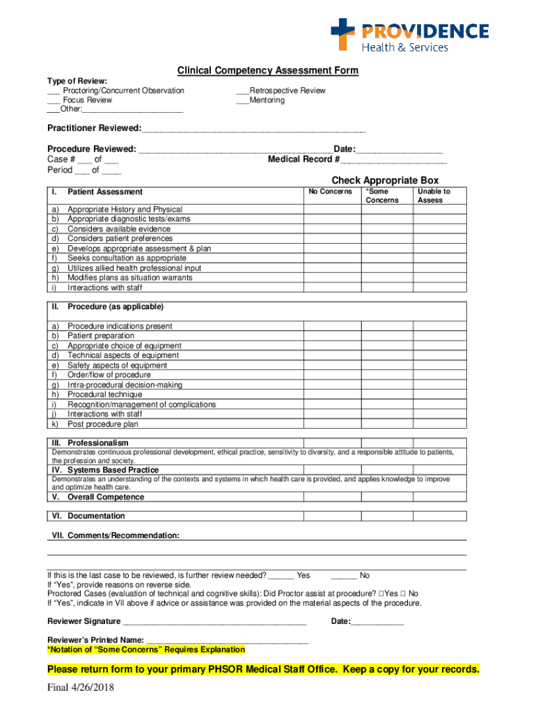 Fillable Online oregon providence Clinical Competency Assessment Form ...